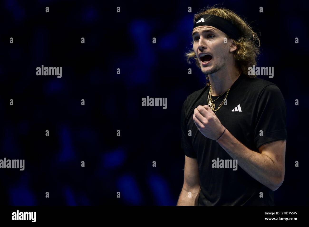 Turin, Italy. 18 November 2023. Alexander Zverev of Germany reacts ...