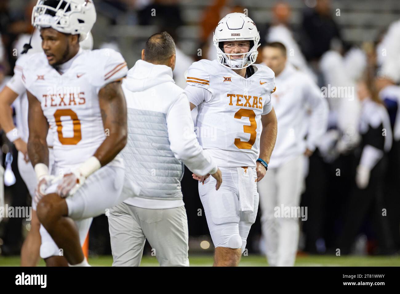 FORT WORTH, TX - NOVEMBER 11: Texas Longhorns quarterback Quinn Ewers (#3) talks to head coach ...