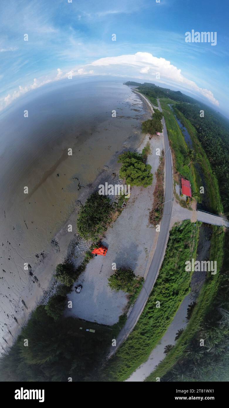 aerial panoramic view on the swampy mud beach environment at the low ...