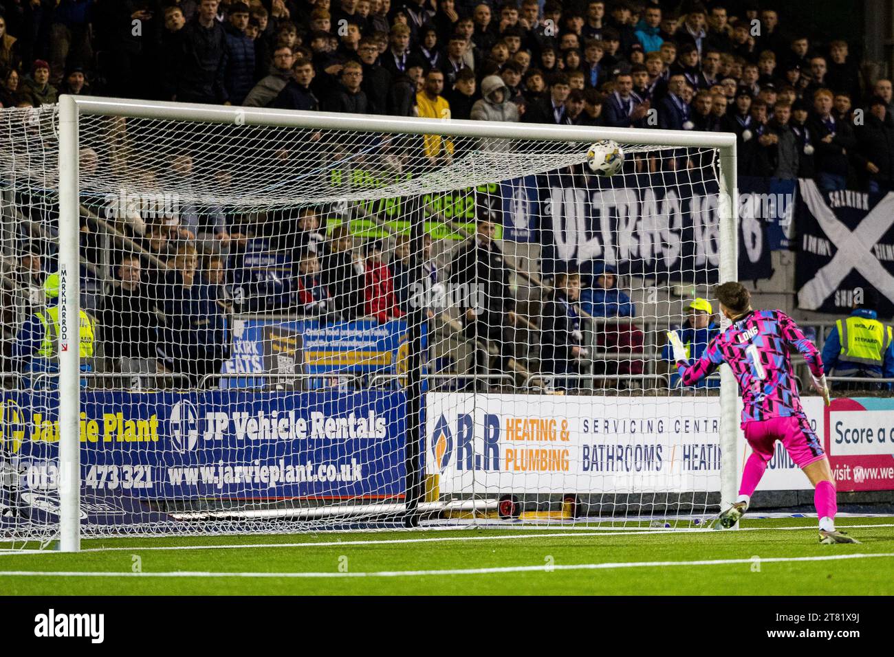 Falkirk, Scotland. 17 November 2023. Sam Long (1 - Falkirk) makes a ...
