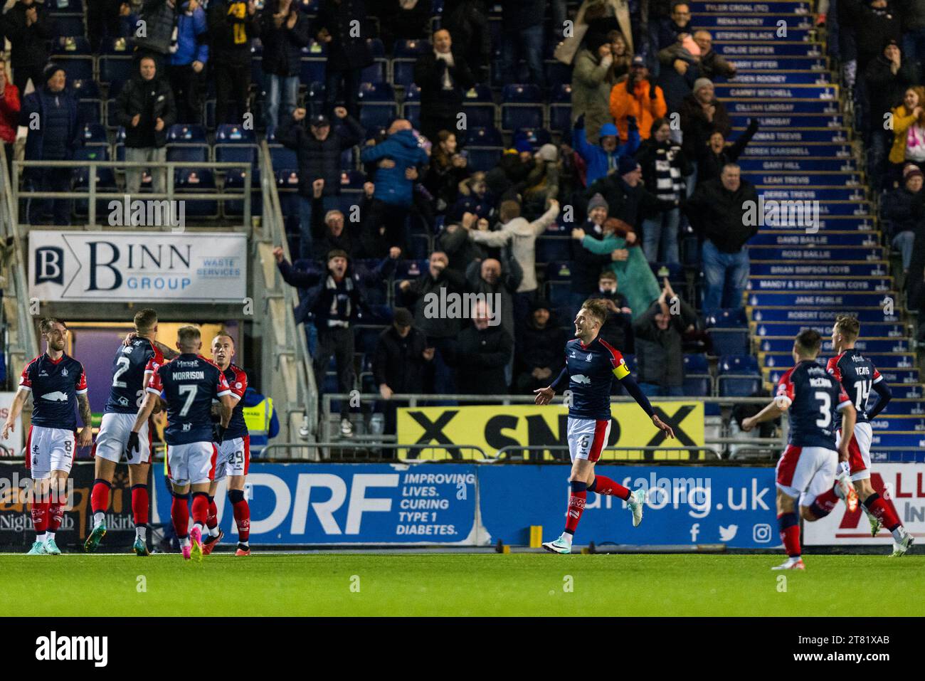 Falkirk, Scotland. 17 November 2023. Falkirk celebrate Tom Lang (2 - Falkirk) goal Falkirk Vs ...