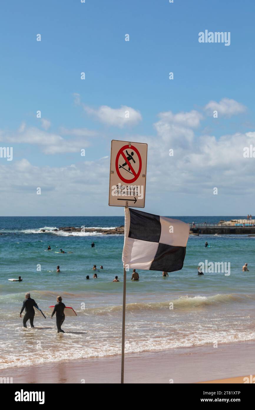 Surfcraft prohibited sign with black and white chequered flag on Dee ...