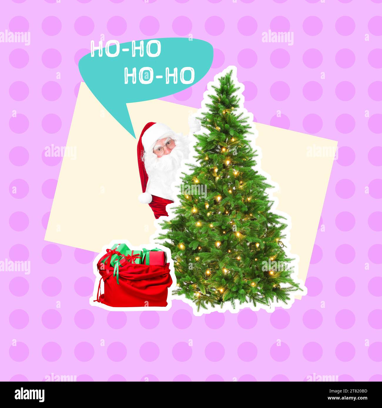 Creative collage. Santa Claus hiding behind Christmas tree against ...