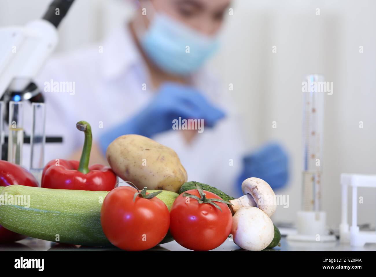 Fresh vegetables on table in laboratory. Food quality control Stock ...