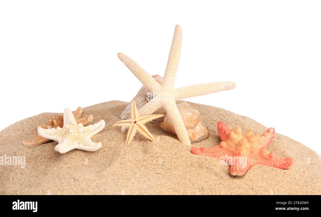 Sand with beautiful sea stars and stones isolated on white Stock Photo ...
