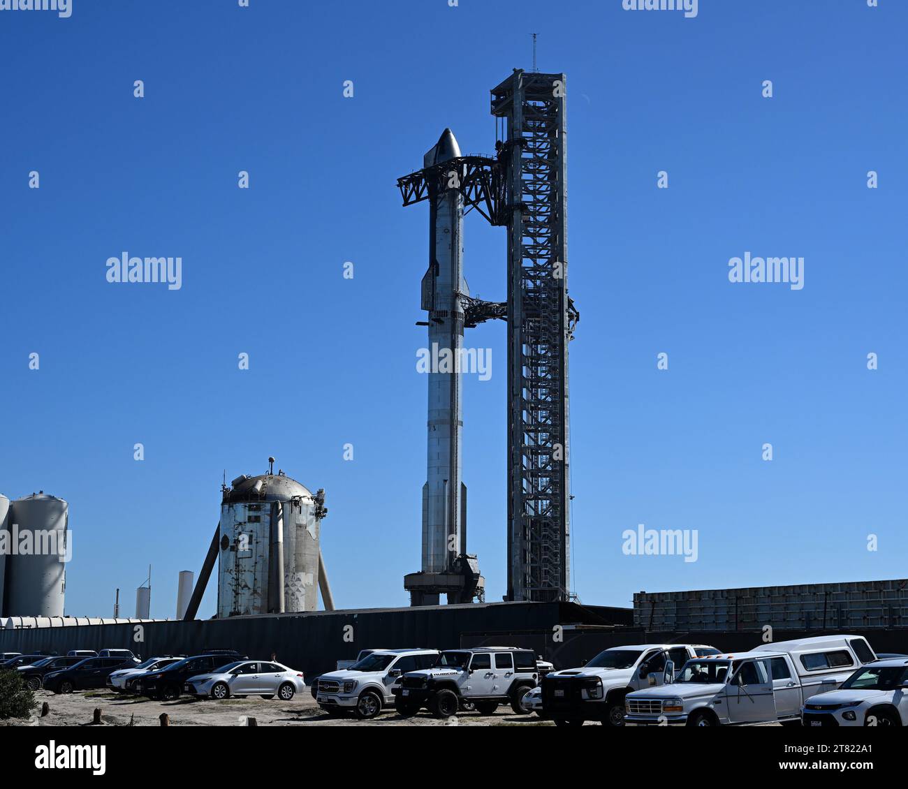 The SpaceX "Starship" stands on the Super Heavy booster for its second ...