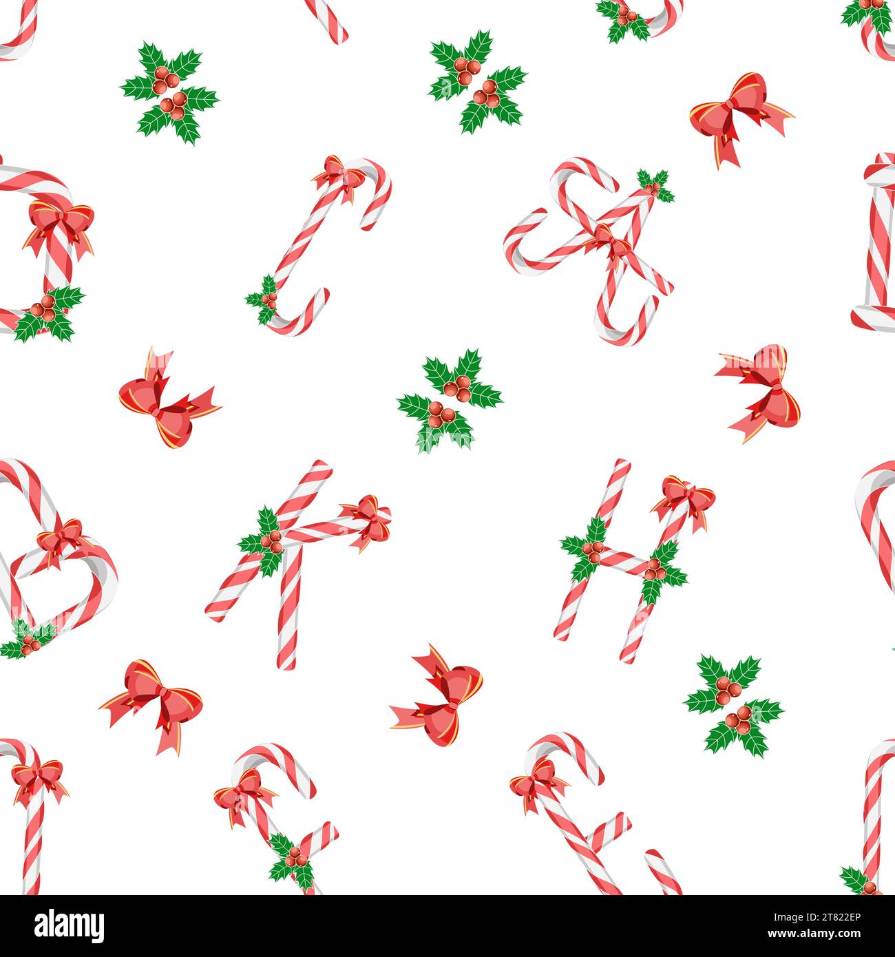 Seamless Pattern With Candy Canes Letters And Holly Berry Vector