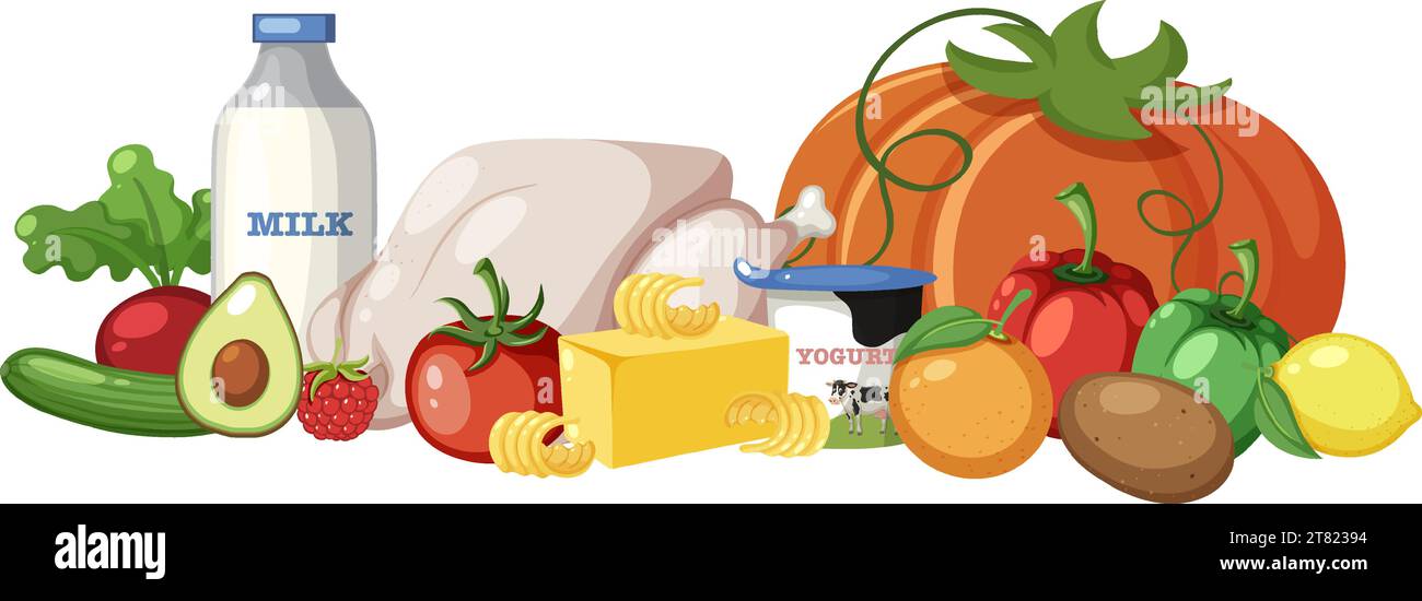 Colorful cartoon illustration featuring a variety of nutritious foods ...
