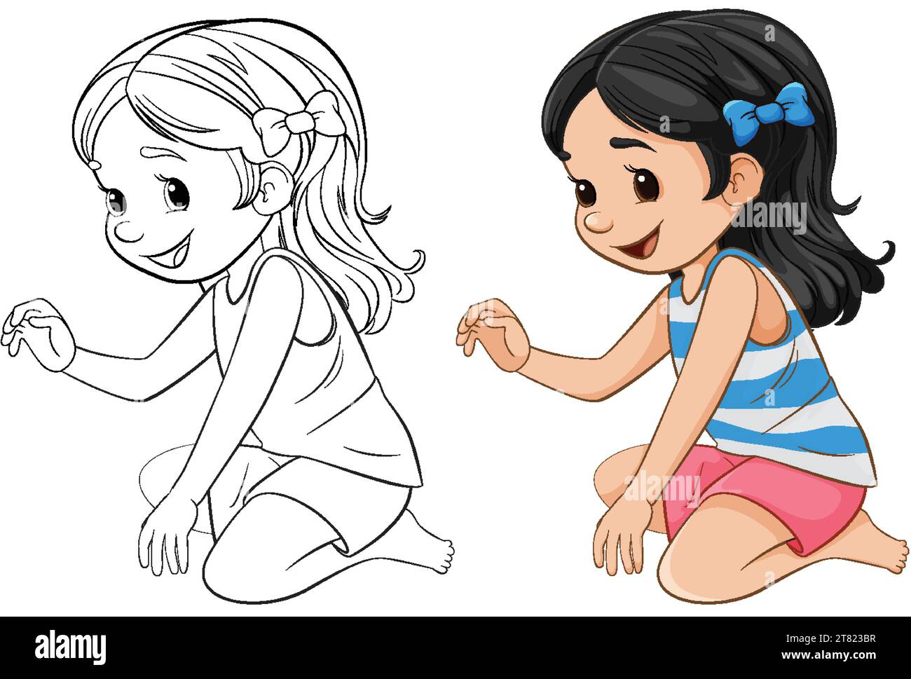 A cheerful cartoon girl sitting with a doodle outline for coloring ...