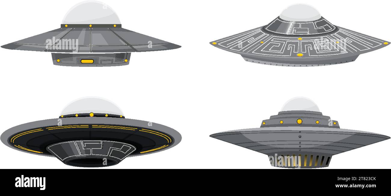 Vector cartoon illustrations of UFOs and UAPs from different angles ...