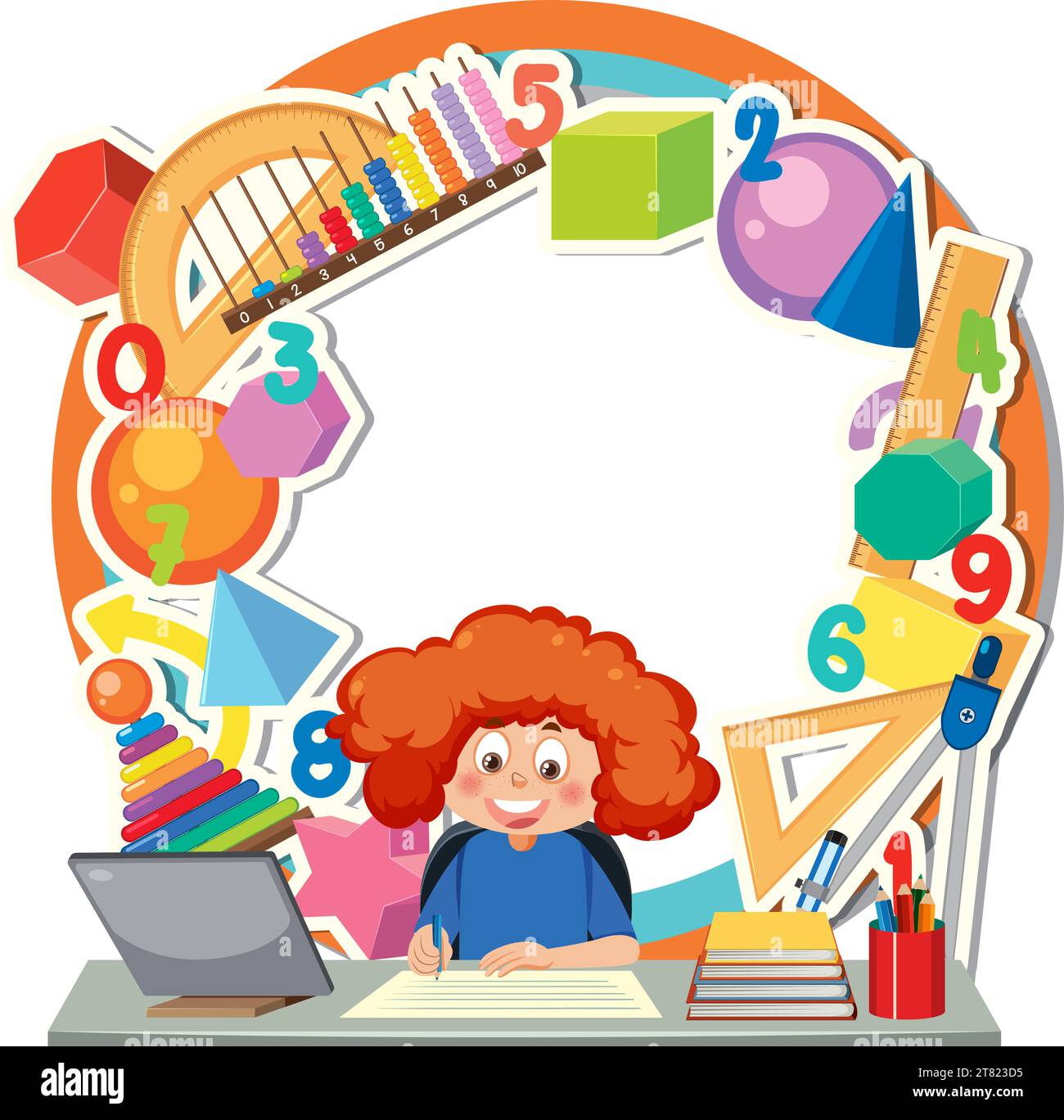 A vector cartoon illustration of a girl studying math with various ...