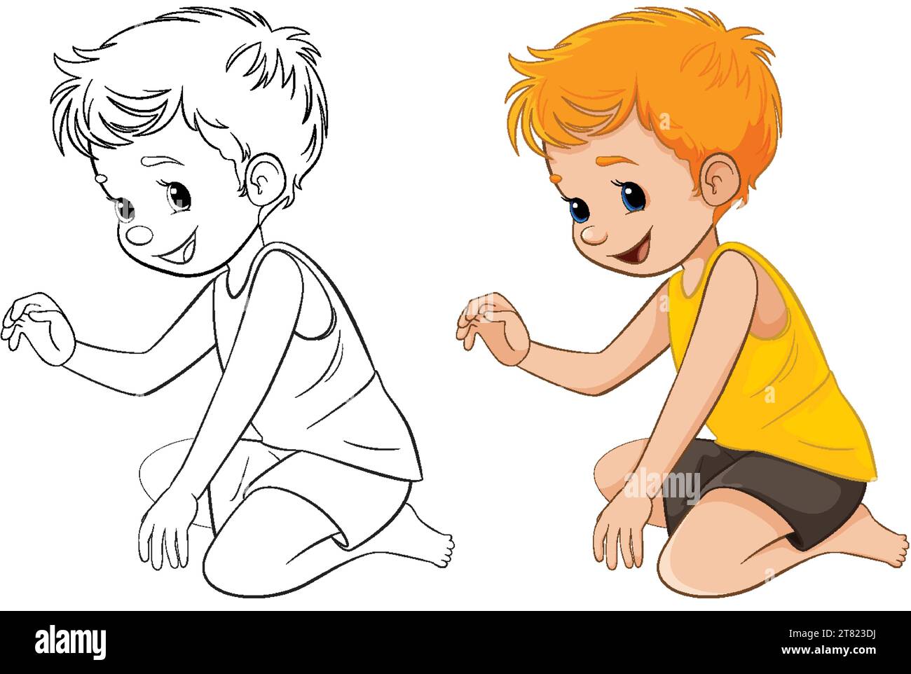 A cheerful cartoon character of a boy sitting, ready for coloring Stock ...