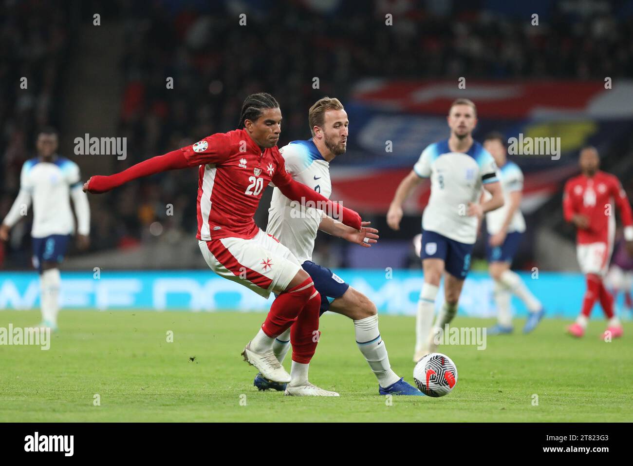 London, UK. 17th Nov, 2023. Harry Kane of England and Yannick Yankam of ...