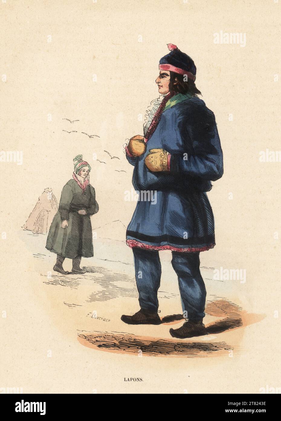 Sami man and woman in front of a lavvu, 19th century. They wear a fur ...