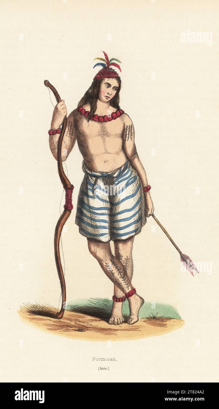 Indigenous man of Taiwan, Yuanzhumin or Gaoshan. In palm-leaf cap with ...