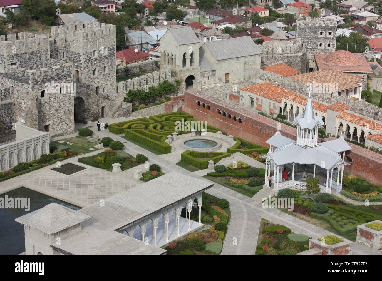 Aerial view of the gardens and grounds in Rabati Castle from the keep ...