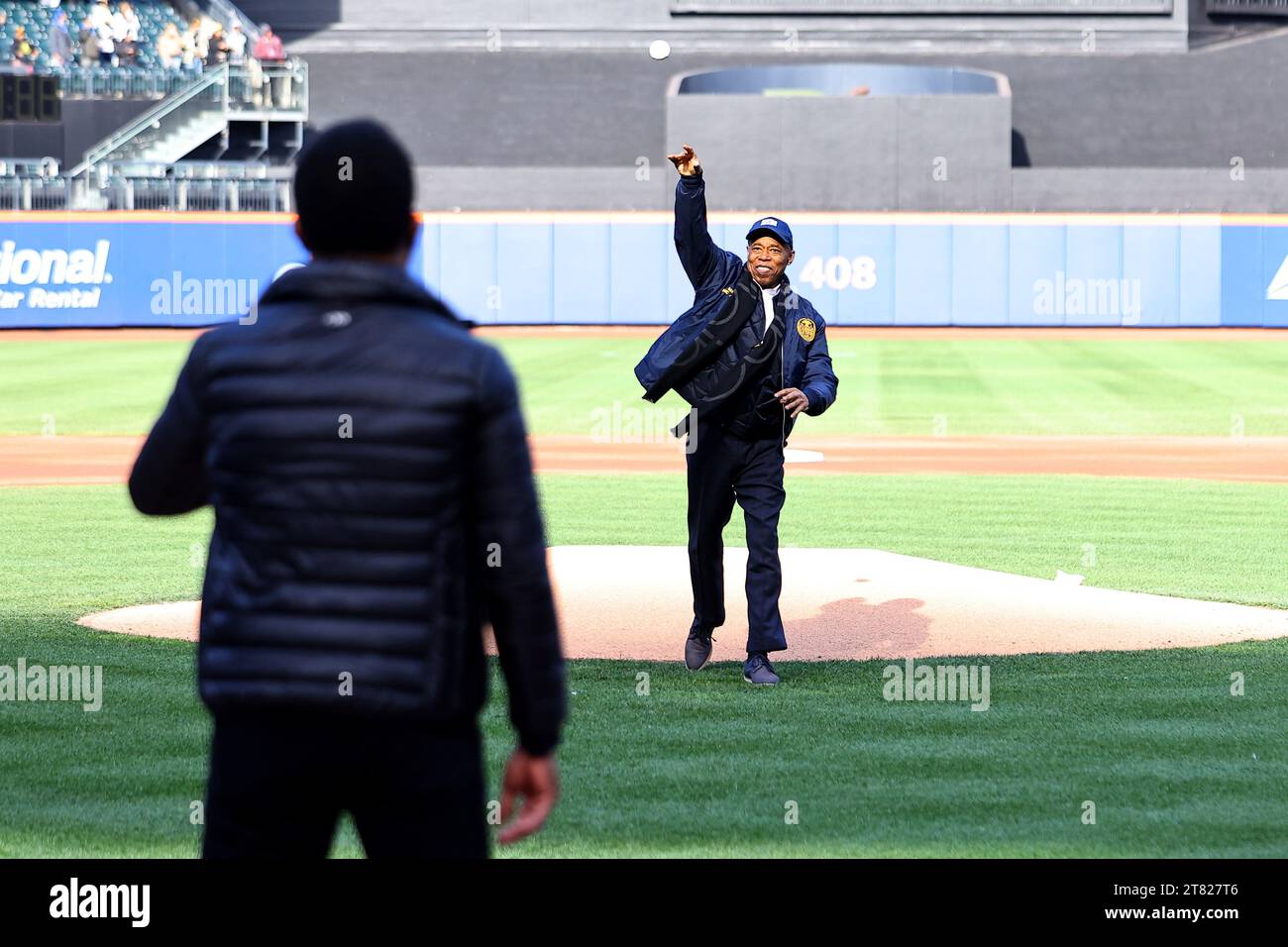 New York City Mayor Eric Adams throws the ceremonial first pitch before ...