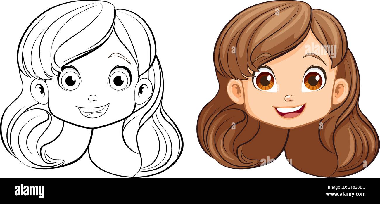 A vibrant vector illustration of a happy girl with a doodle outline ...