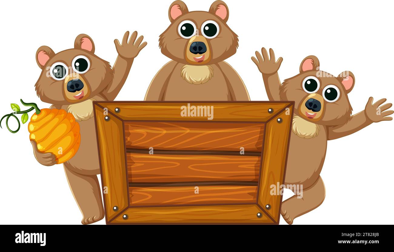 A charming bear cartoon peeking from behind a wooden board banner frame ...
