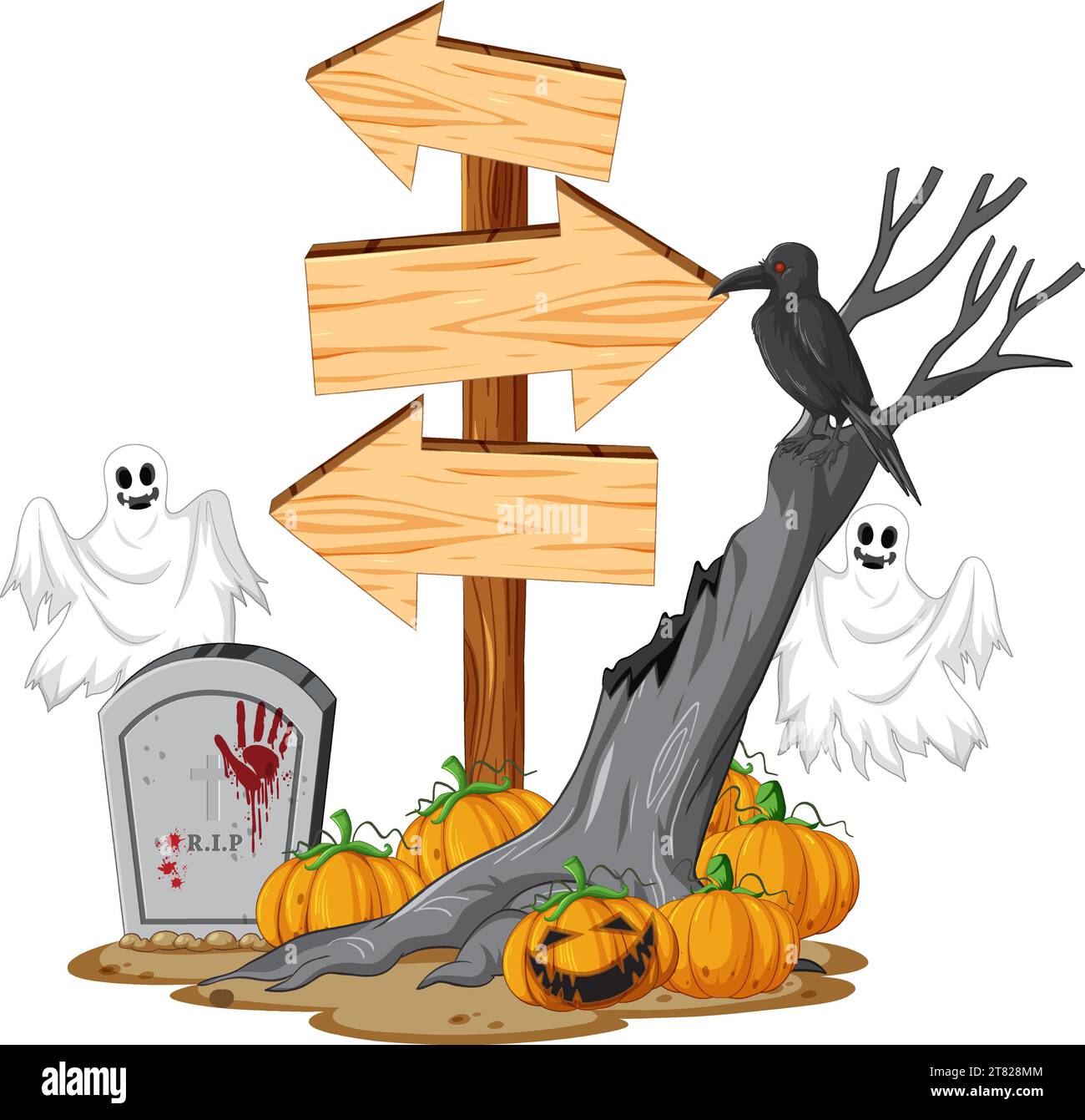 A Halloween-themed sign with a spooky ghost, pumpkin, and dead tree ...
