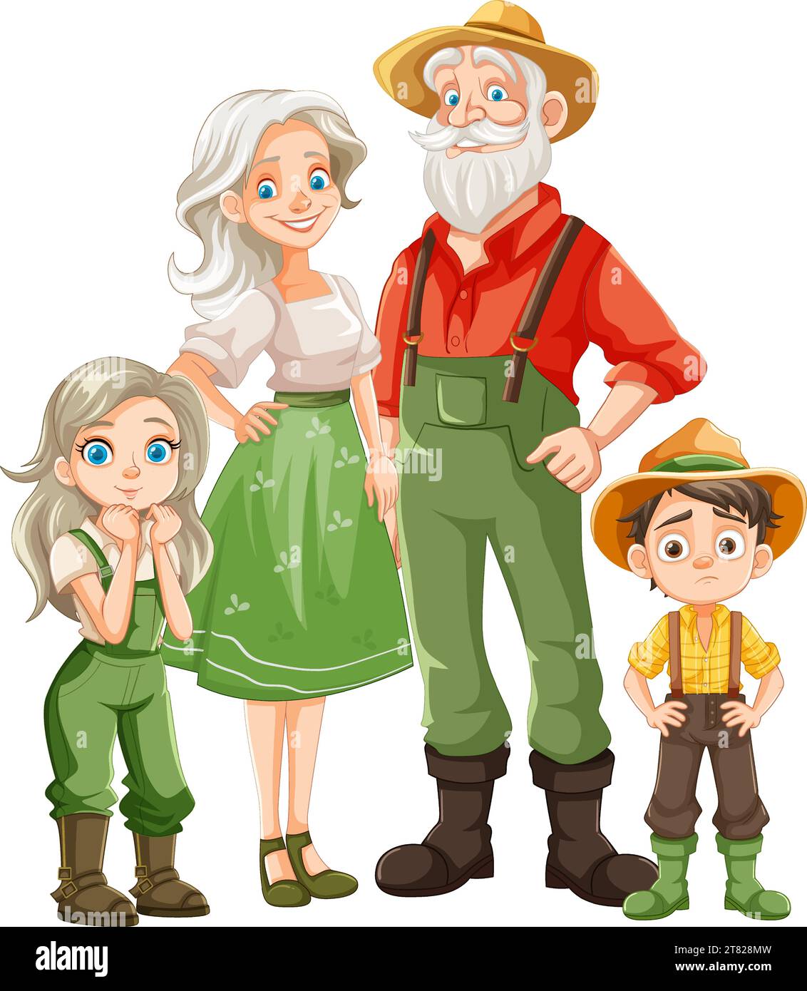 A happy family of farmers, including mother, father, daughter, and son ...