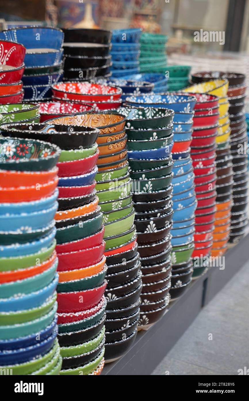 top view of Turkish traditional design ceramic plates in Old Bazaar in ...