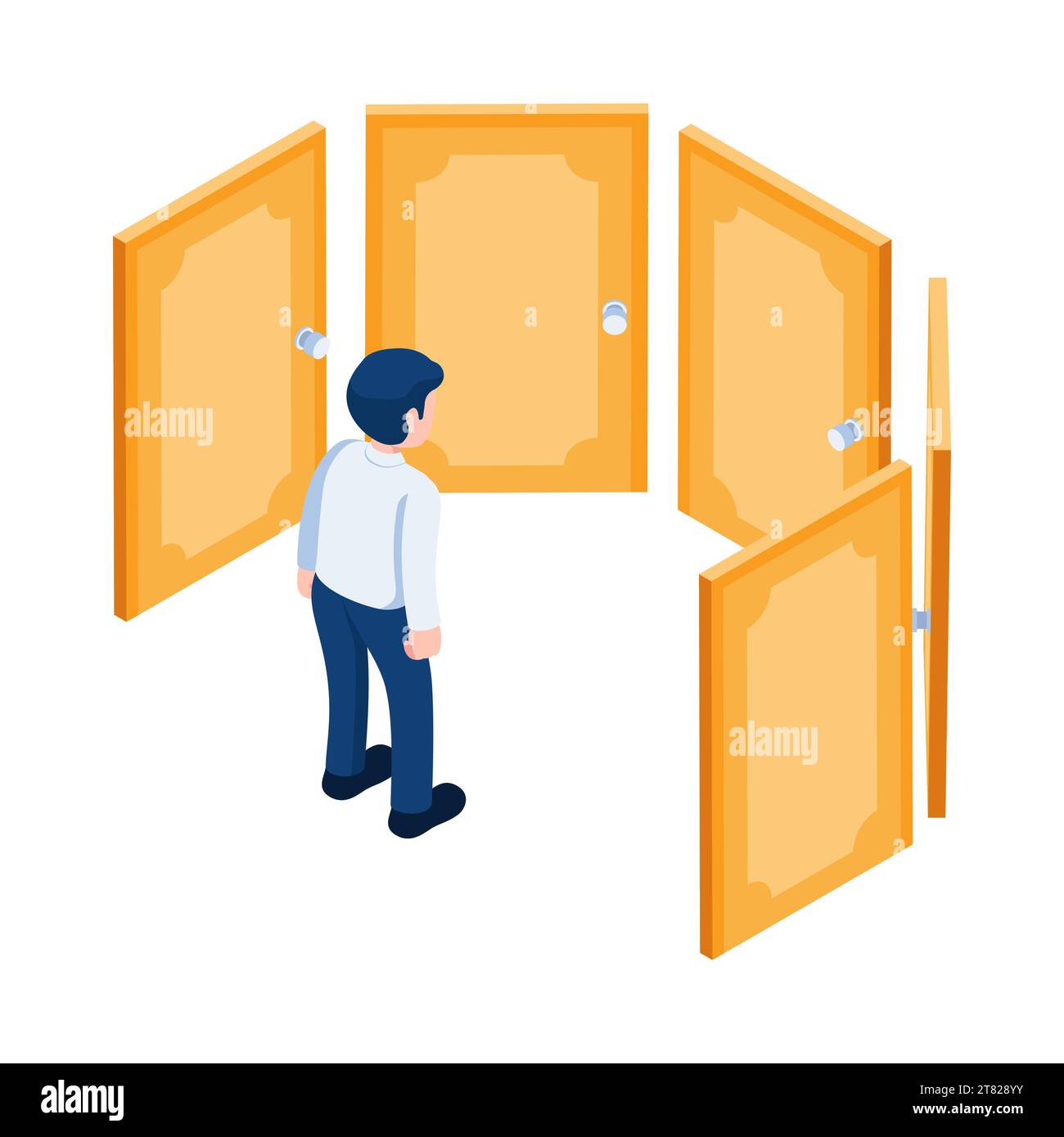 Flat 3d Isometric Businessman Standing with Doors of Opportunities ...