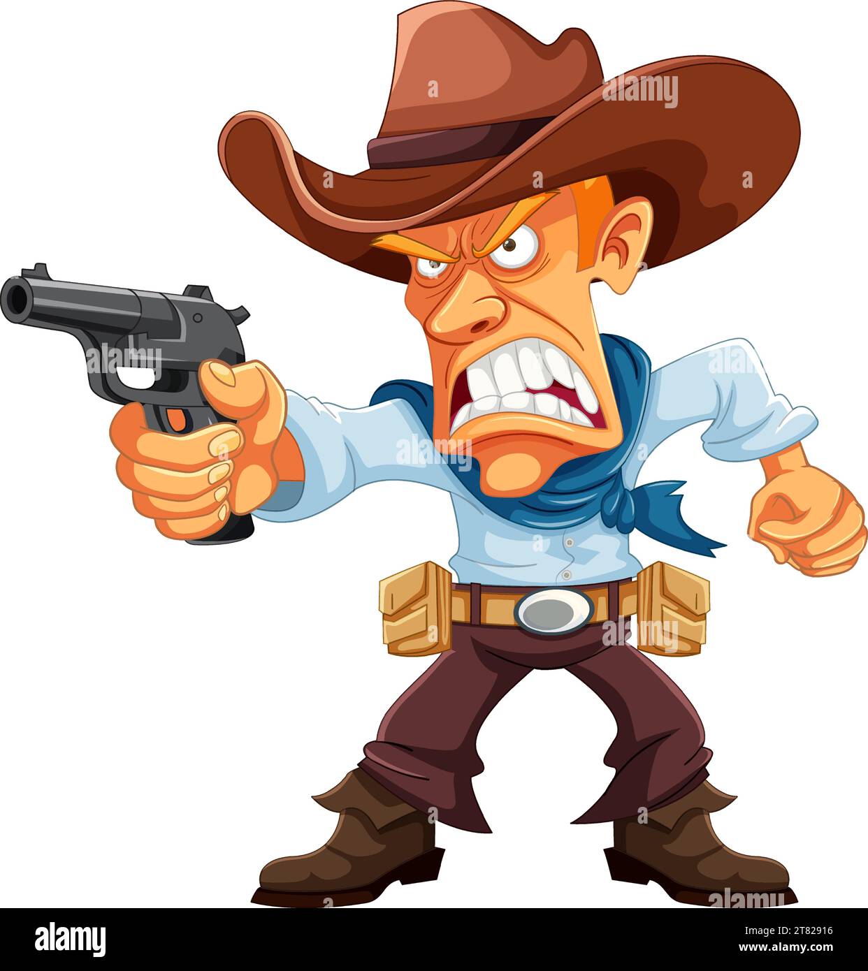 An angry cowboy wearing a hat, holding a gun in a vector cartoon ...