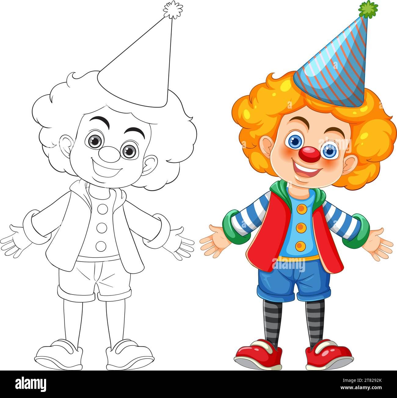 A cute boy cartoon character wearing colorful circus clown clothes ...