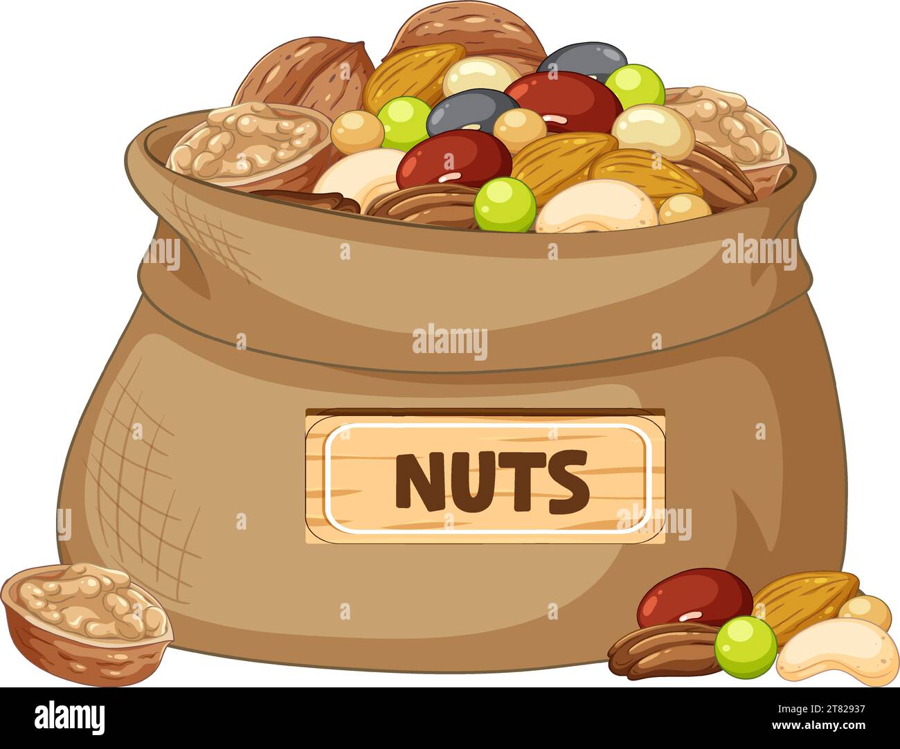 Illustration of nuts in a sack with a wooden sign banner attached in ...