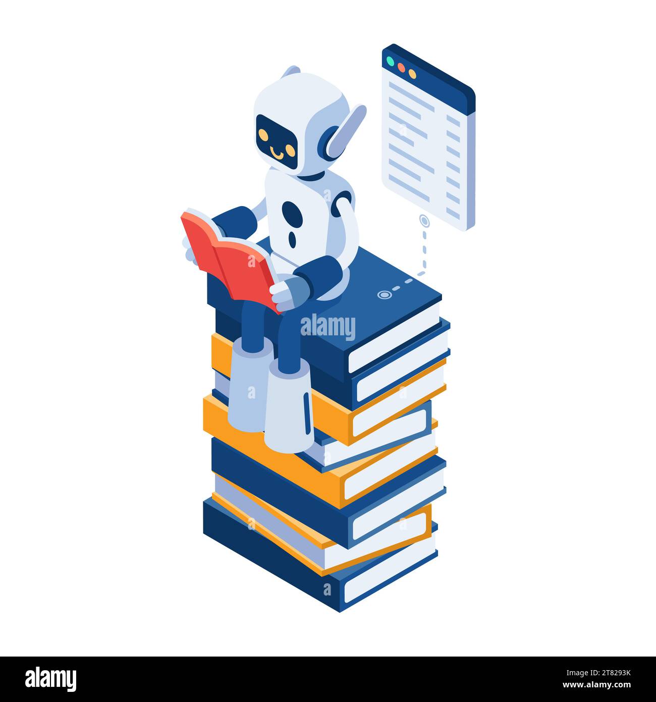 Flat 3d Isometric Ai Robot Reading On Stack Of Books Machine Learning And Artificial
