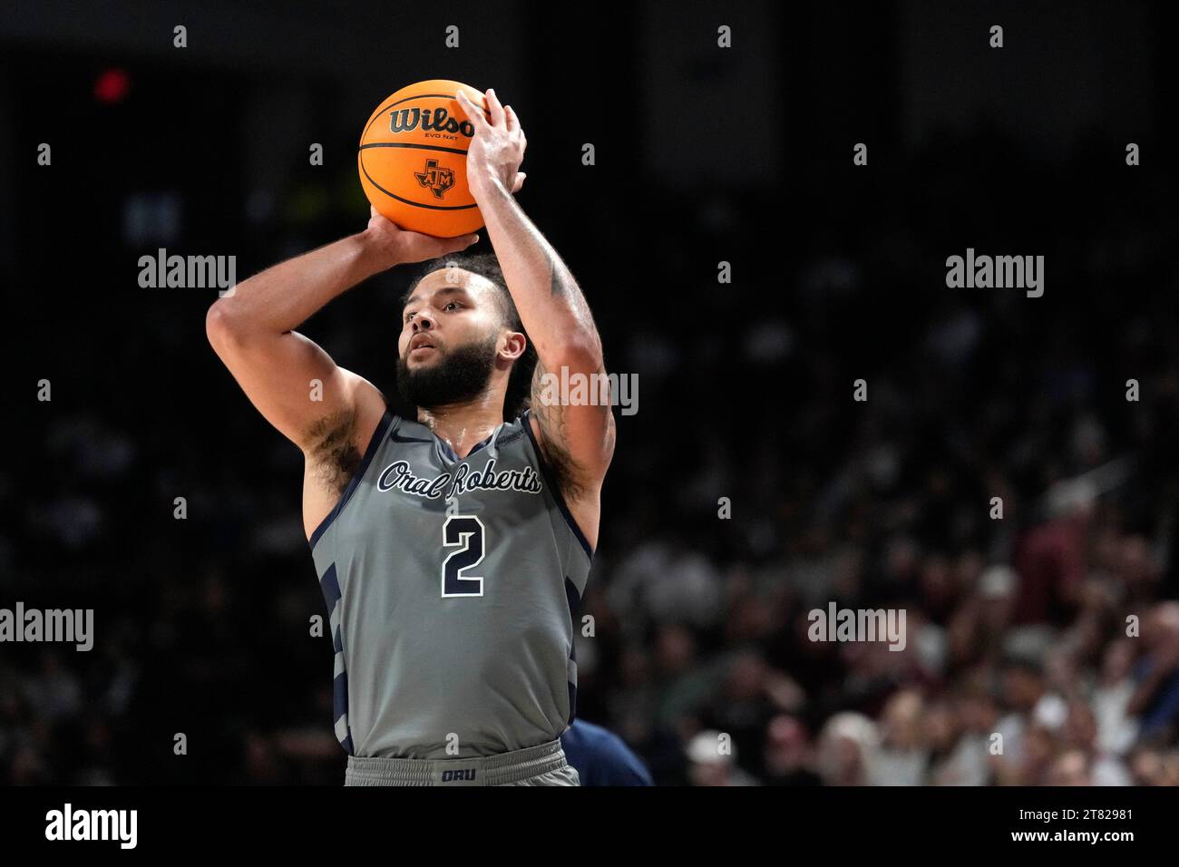 Oral Roberts guard Kareem Thompson (2) shoots a three point basket ...