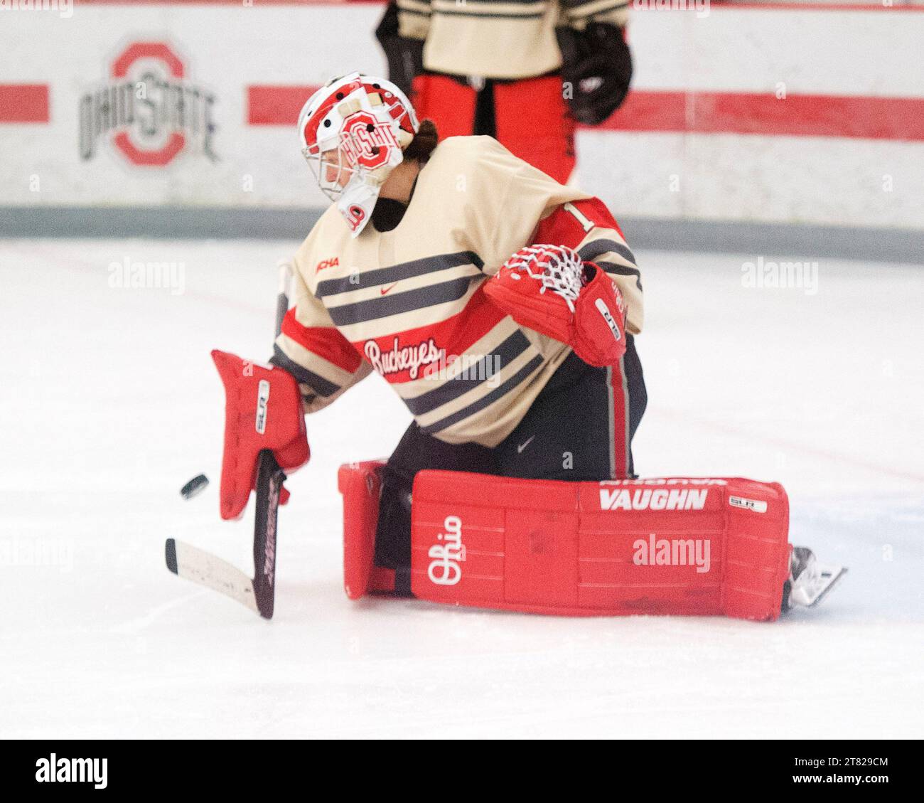 November 17, 2023: Ohio State Buckeyes goaltender Raygan Kirk (1) makes ...