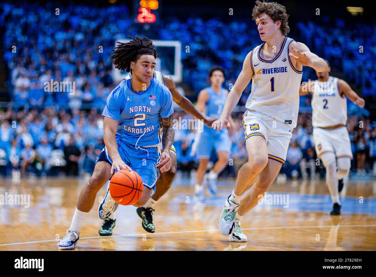 November 17, 2023: North Carolina Tar Heels guard Elliott Cadeau (2) drives on UC Riverside ...