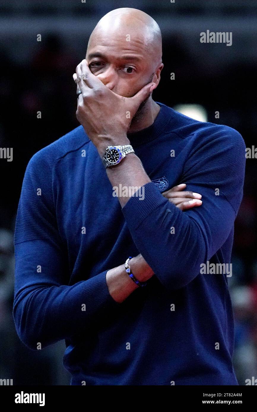 Orlando Magic head coach Jamahl Mosley wipes his face during the second ...