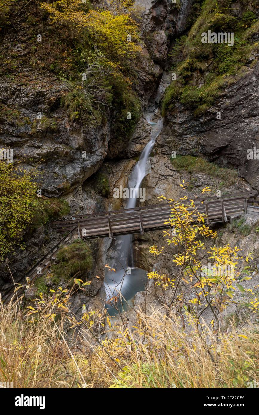 Wooden footbridge, visitor path in the rose garden Gorge, Imst, Tyrol ...