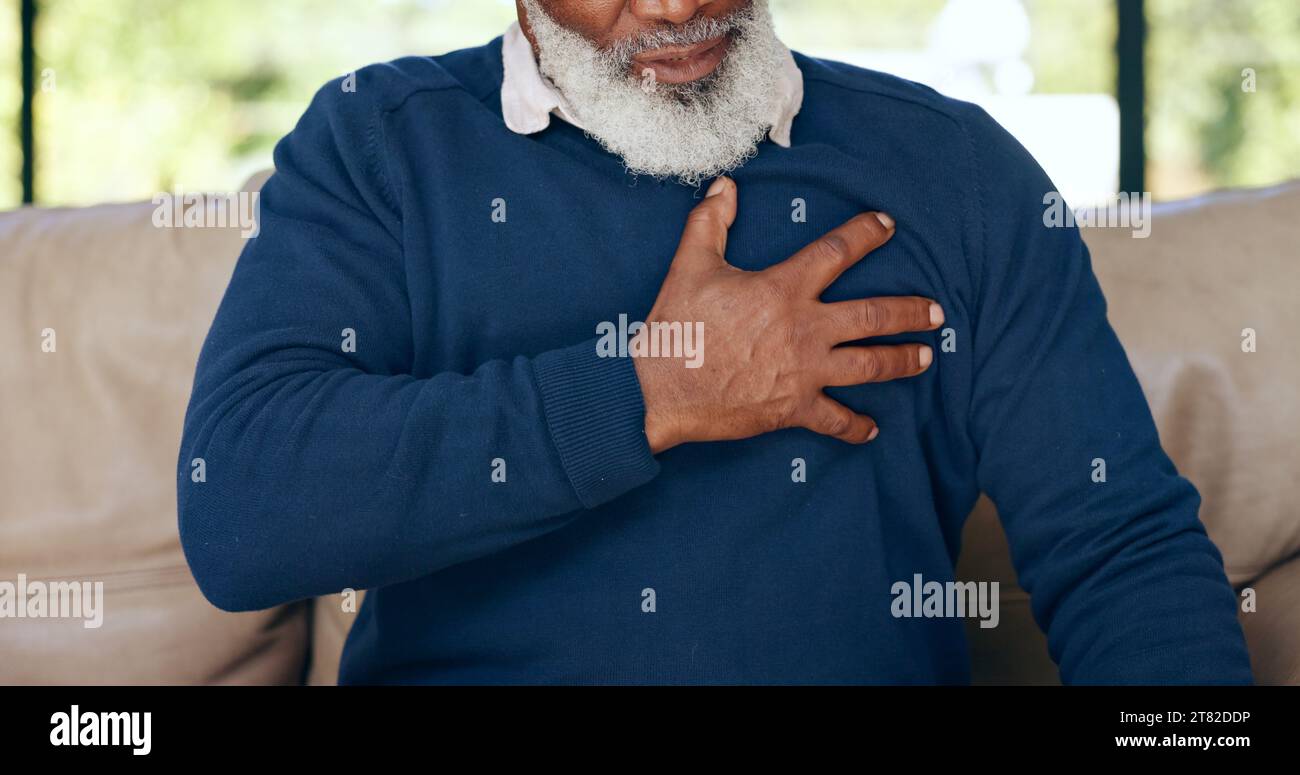 Hands, elderly man and heart attack in home with pain, cardiovascular ...