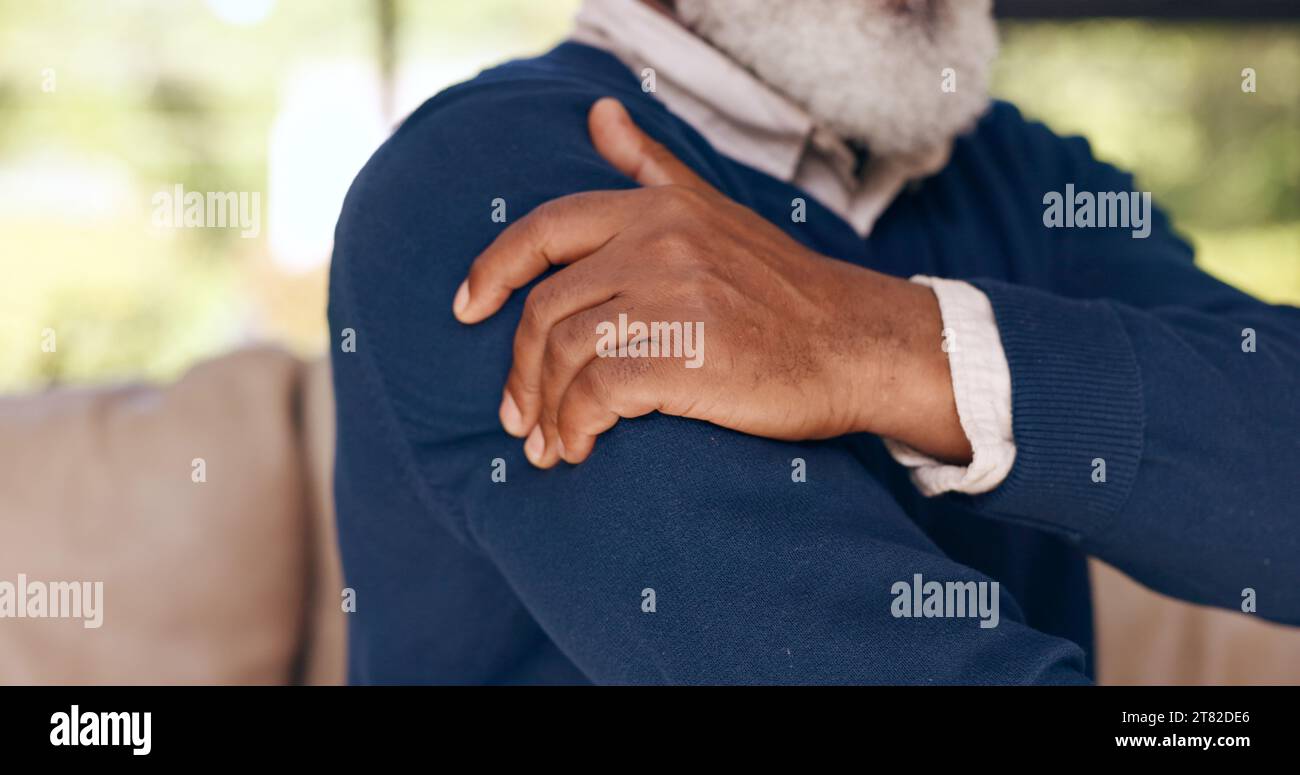 Senior man, hands and shoulder with pain in home from arthritis ...