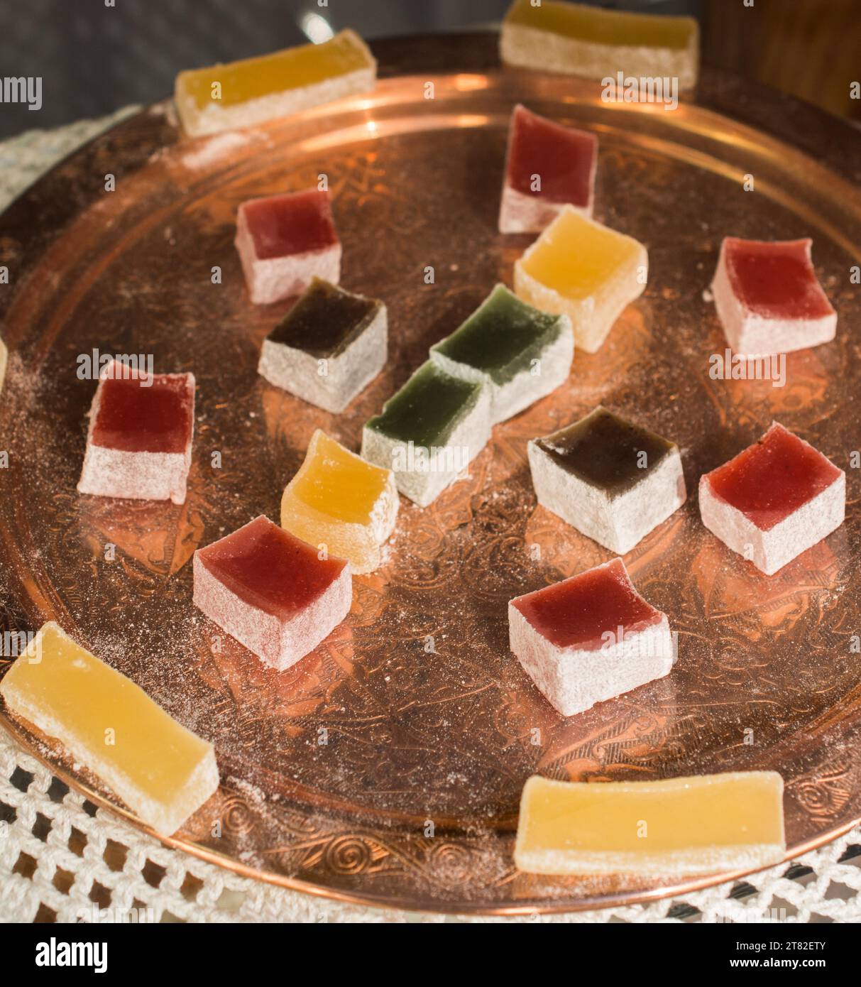 Delicious Turkish delight placed in a metal tray Stock Photo - Alamy