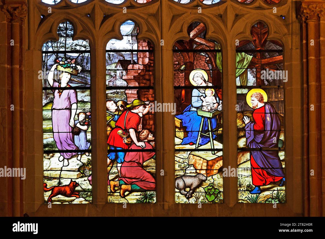 Colourful stained glass window depicting the birth of Jesus, Mary with ...