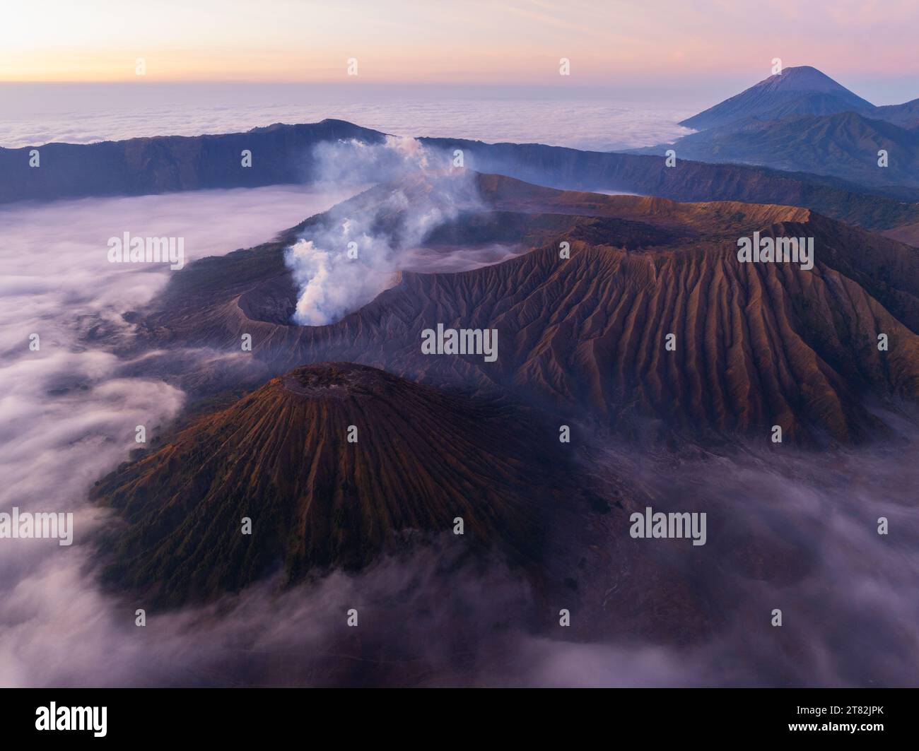 Aerial view Beautiful landscape scenery of Mount Bromo National Park ...
