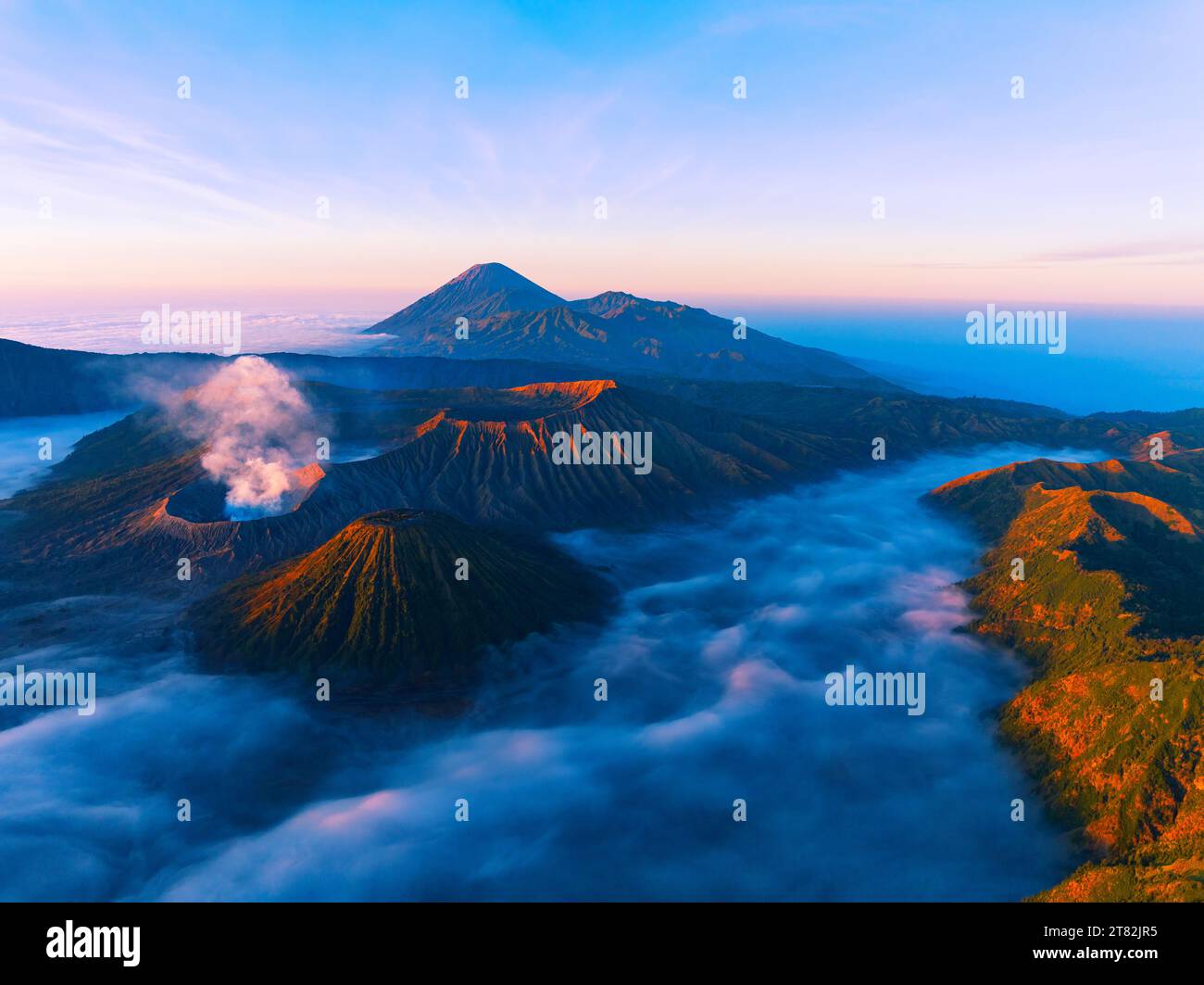 Aerial view Beautiful landscape scenery of Mount Bromo National Park ...