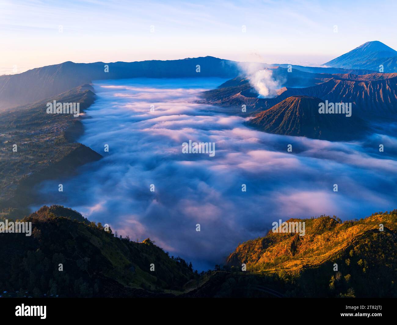 Aerial view Beautiful landscape scenery of Mount Bromo National Park ...