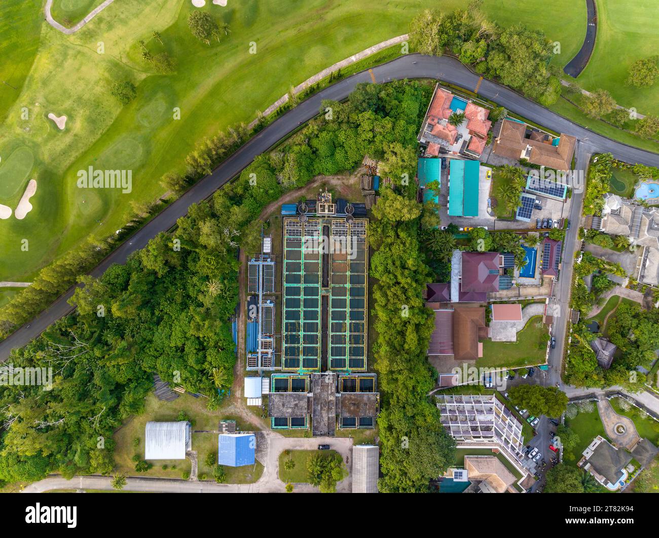 Aerial view of beautiful green golf field fairway and putting green ...