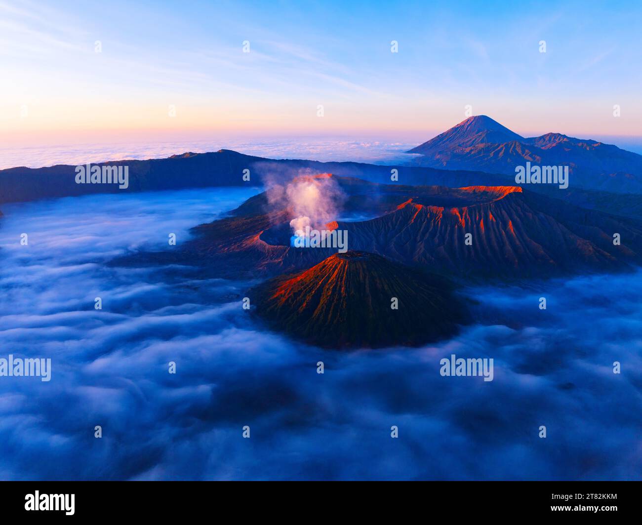 Aerial view Beautiful landscape scenery of Mount Bromo National Park ...