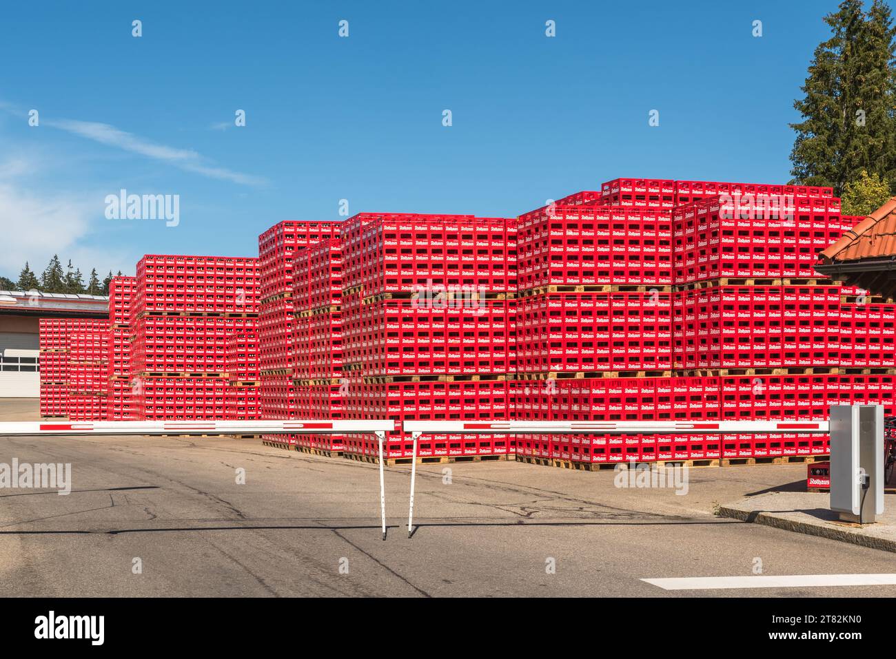 Stack of Rothaus beer crates in the brewery Badische Staatsbrauerei ...