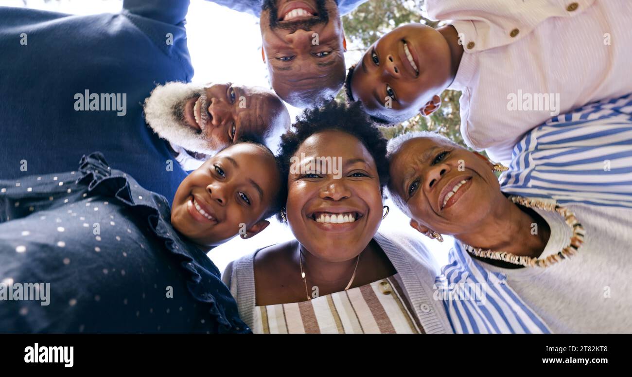 Happy, huddle or portrait of a black family in nature for fun bonding ...