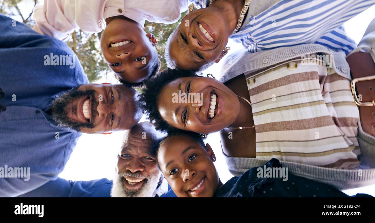 Happy family, huddle and circle portrait in nature, summer vacation and ...
