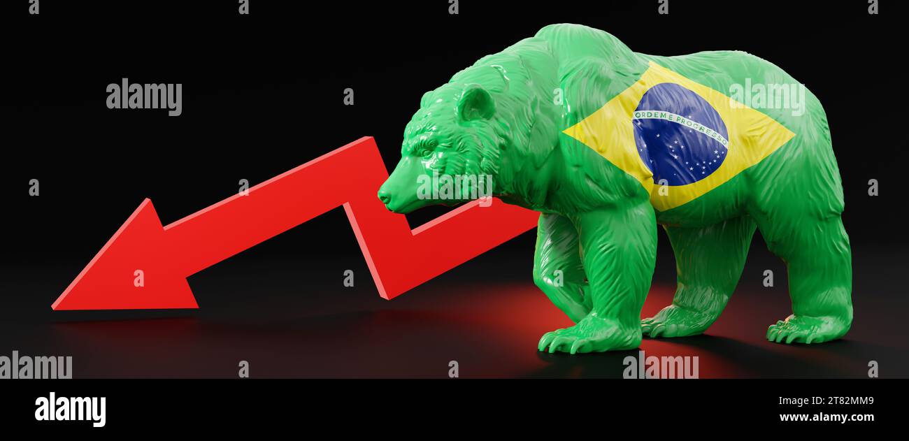 Horizontal banner of a bear with Brazil flag on plain empty black ...