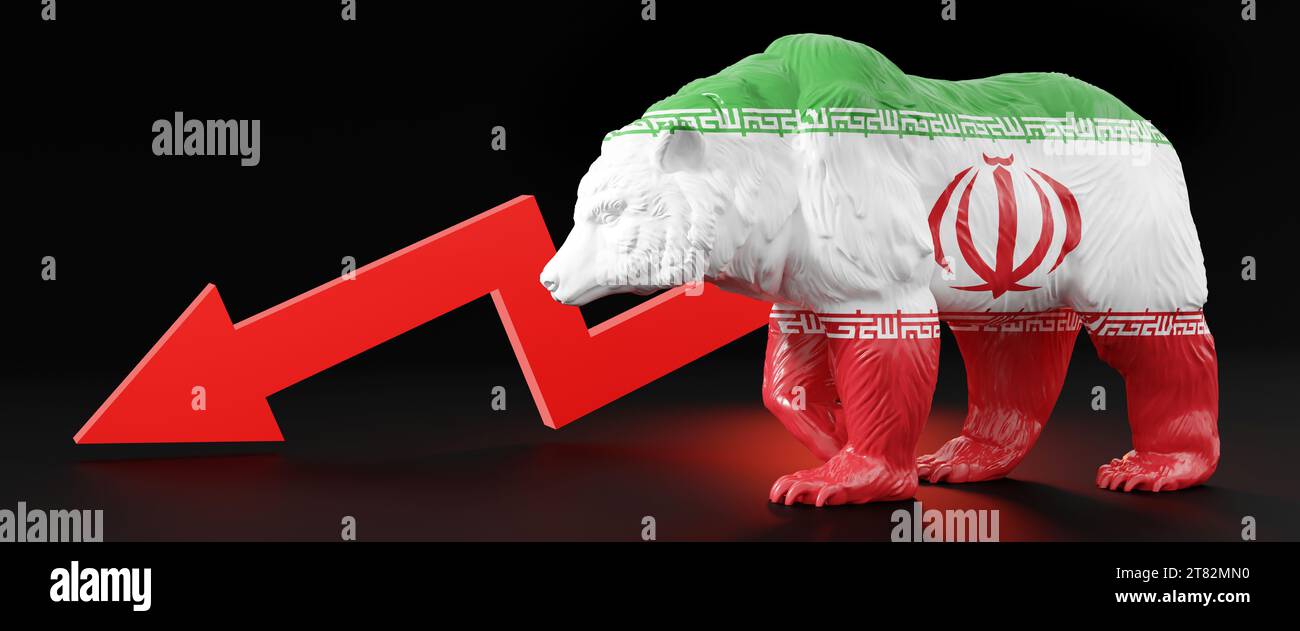 Horizontal banner of a bear with Iran flag on plain empty black ...